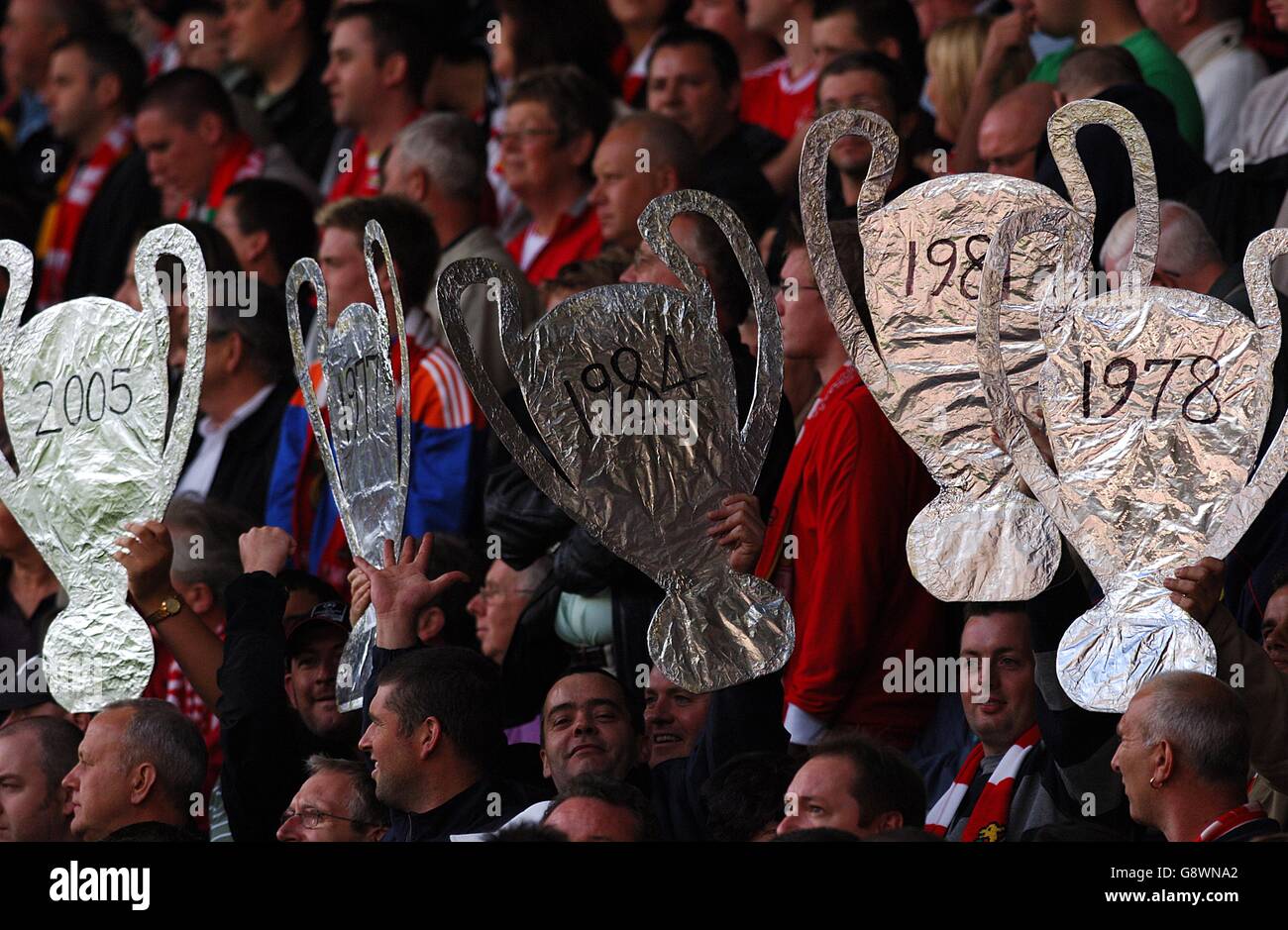 Liverpool fans with hold card board cut outs of the 5 European Cup they ...