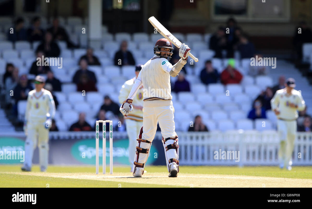 Surreys arun harinath celebrates reaching his century hi-res stock ...