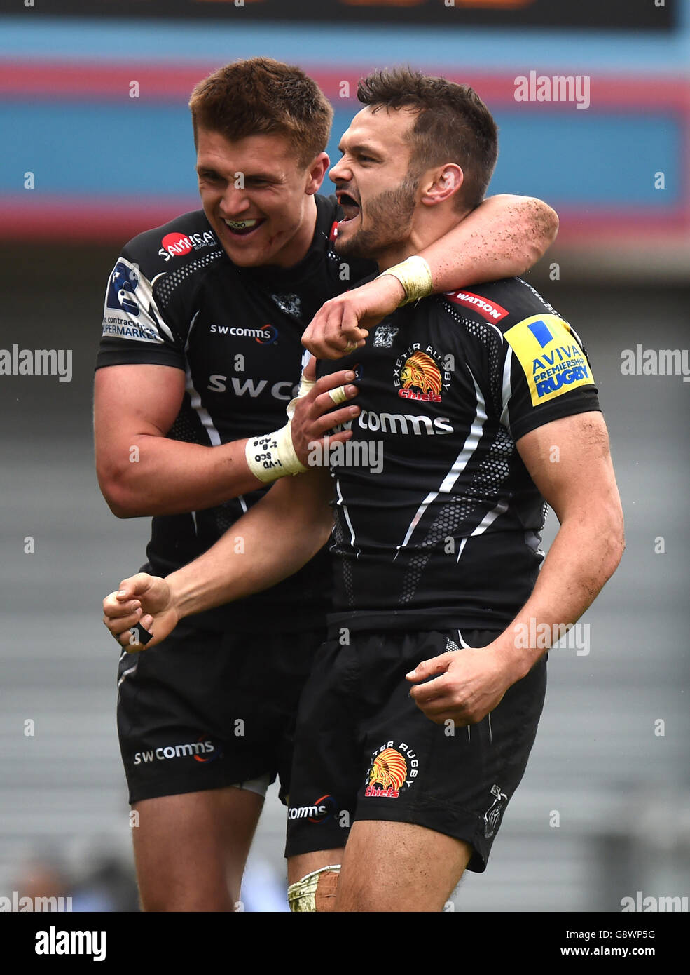 Exeter Chiefs' Phil Dollman (right) celebrates with his team mate Henry ...