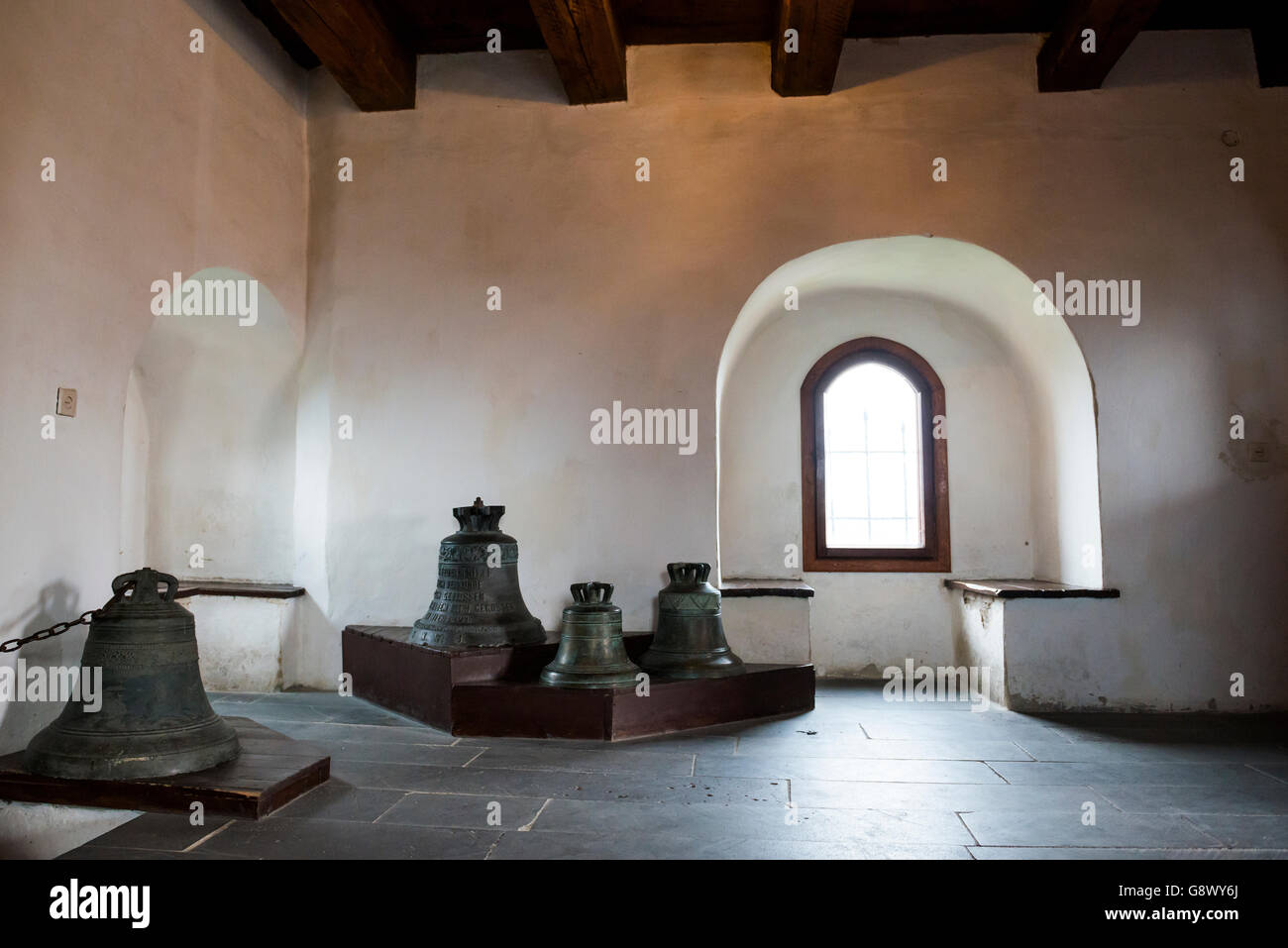 Bronze bells in the Bells museum in belfry of Lubart's Castle, Lutsk ...