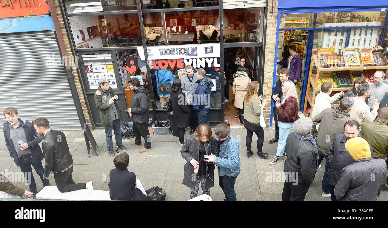 Shoppers pack the Love Vinyl record shop in Hoxton, east London, one of ...