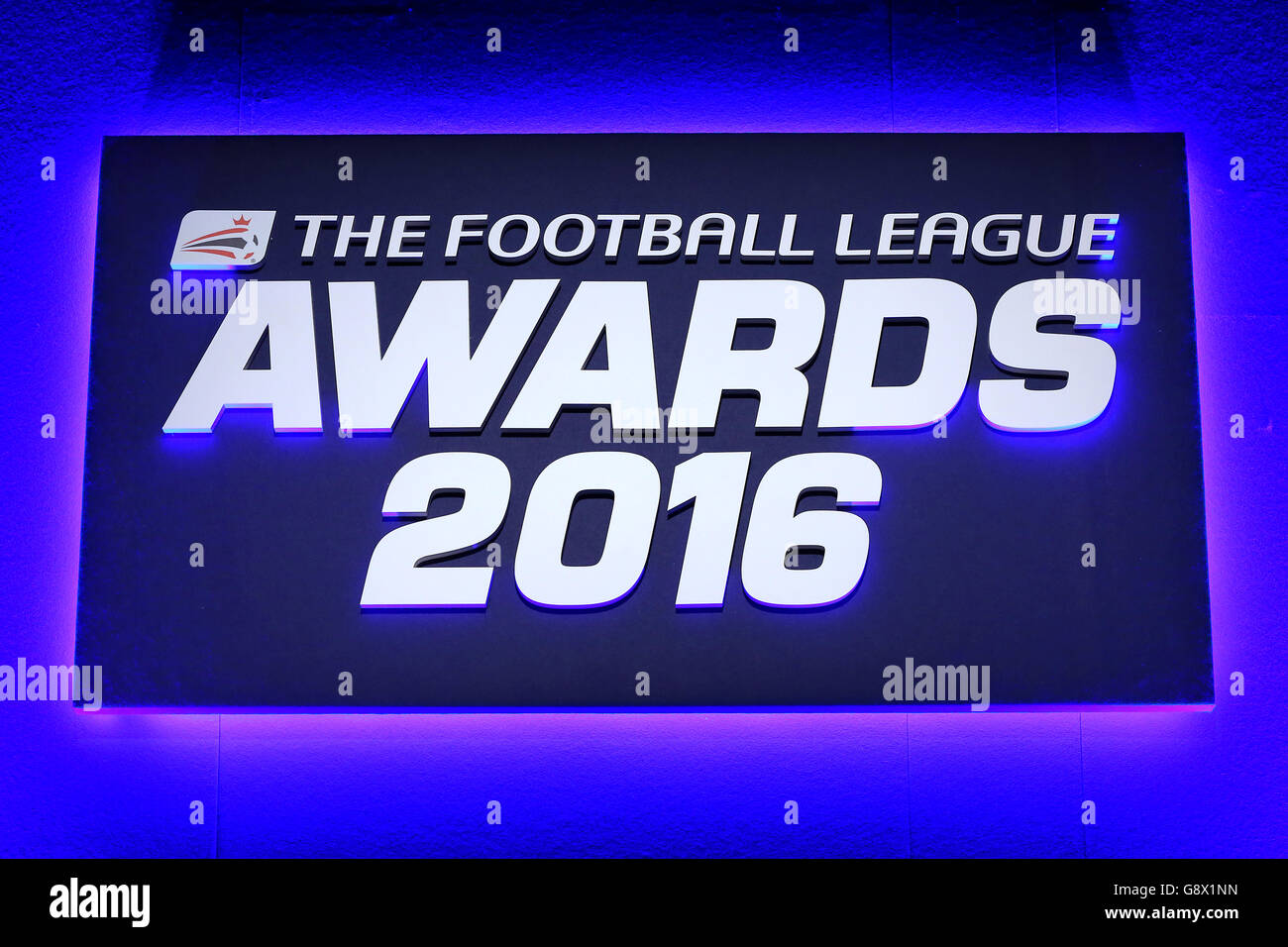 A view of Football League Awards 2216 signage on stage Stock Photo - Alamy