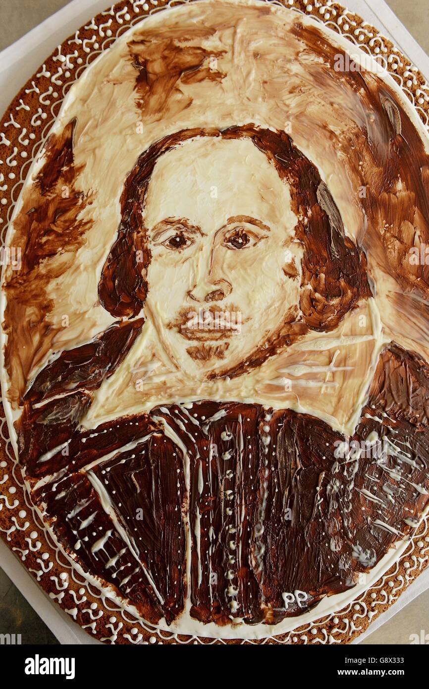 A cake decorated with the bust of William Shakespeare on display during ...