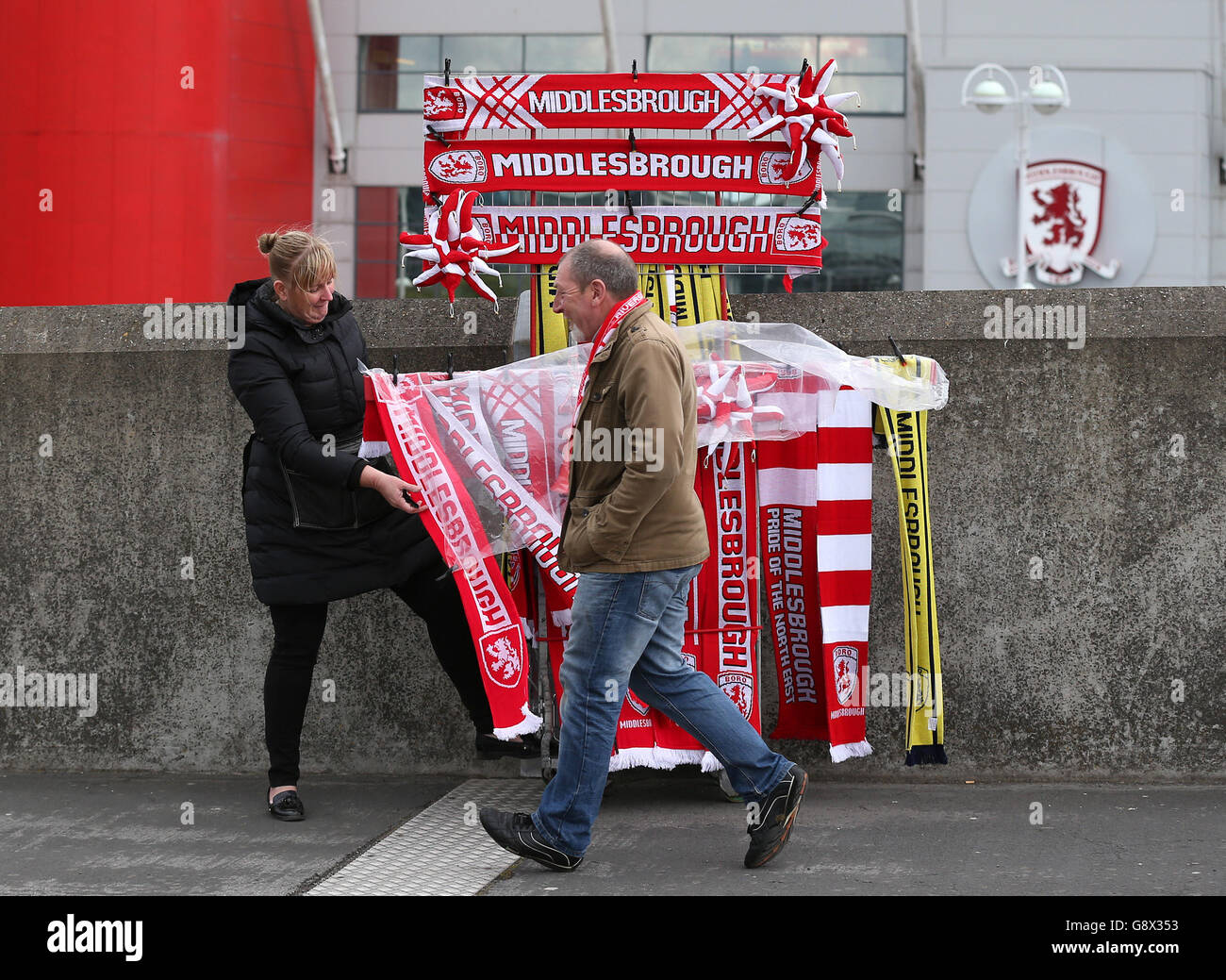 Middlesbrough scarves are seen on sale outside the ground ahead of the ...