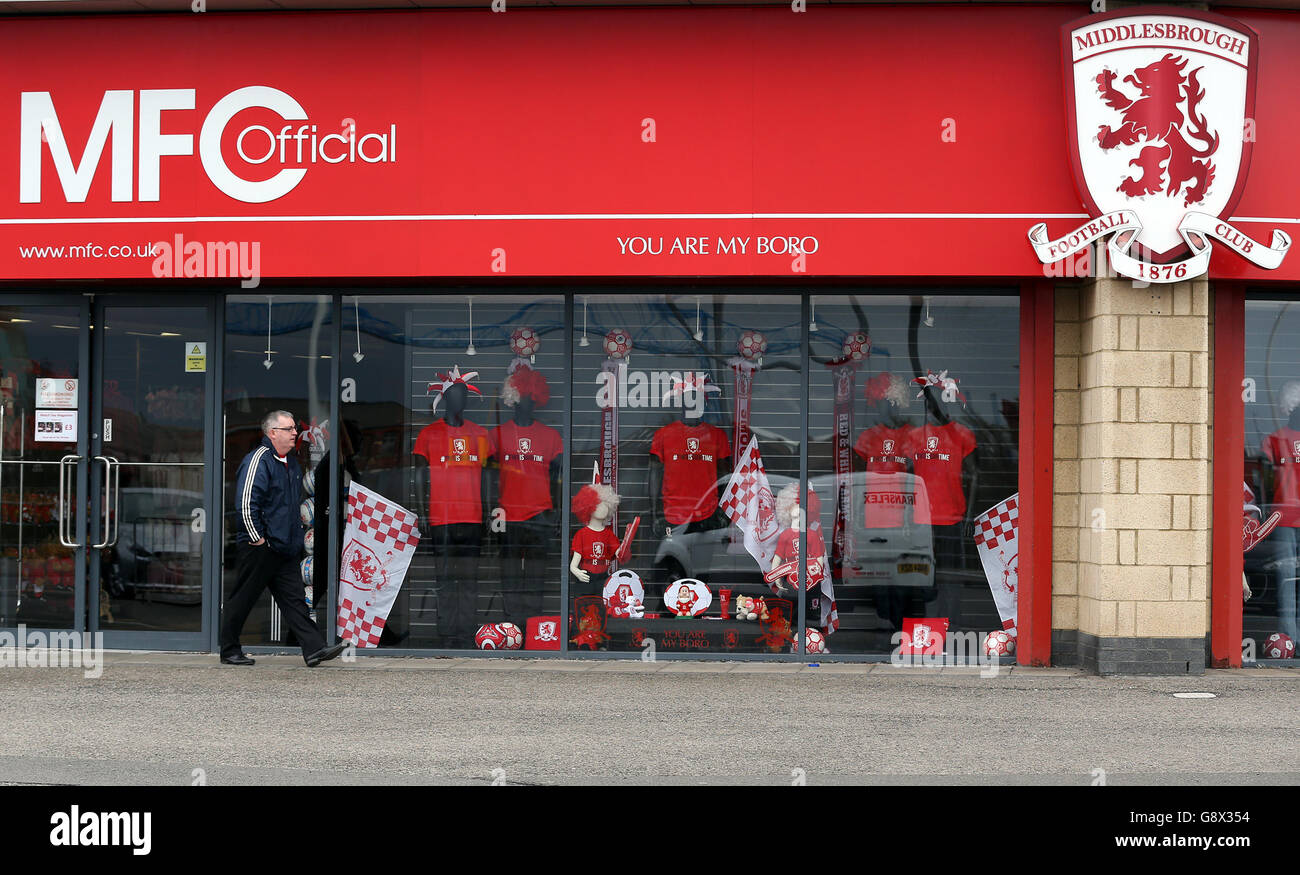 Middlesbrough supporters are seen by the club shop ahead of the Sky Bet ...