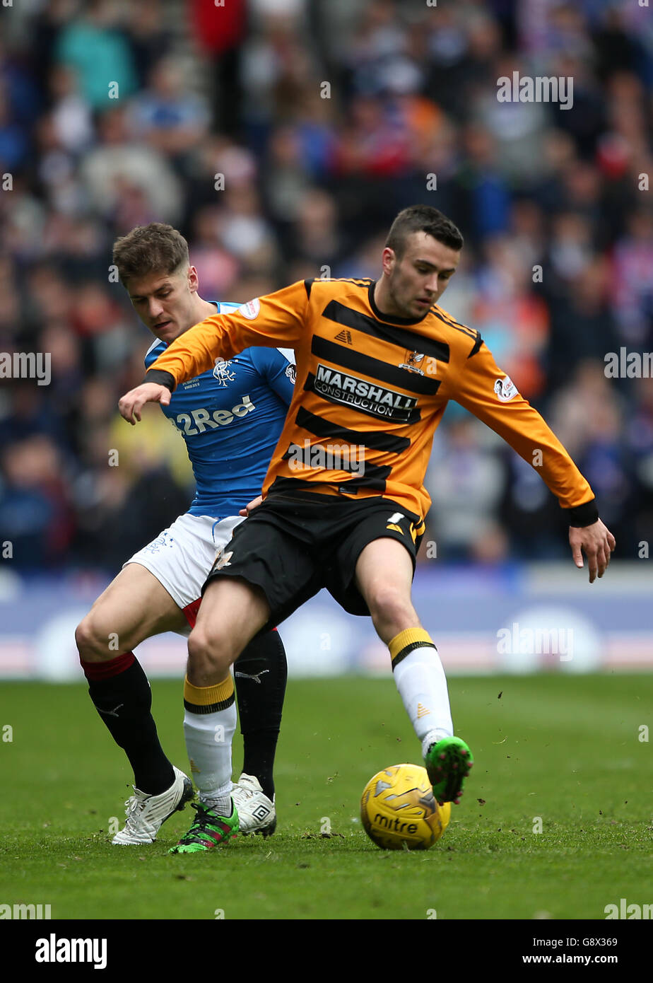 Alloa's Michael Duffy (right) and Rangers' Rob Kiernan battle for the ...