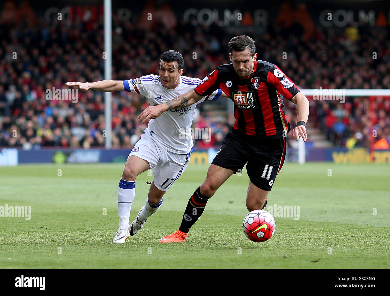 Chelsea's Pedro (left) and AFC Bournemouth's Charlie Daniels battle for ...