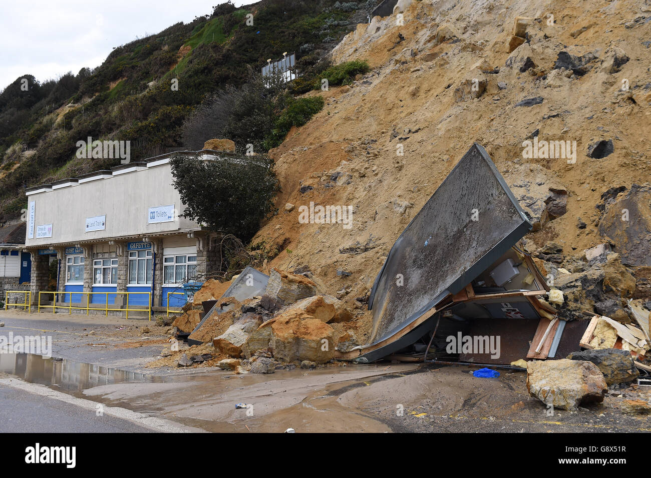 General view of the collapsed cliff next to the East Cliff funicular ...