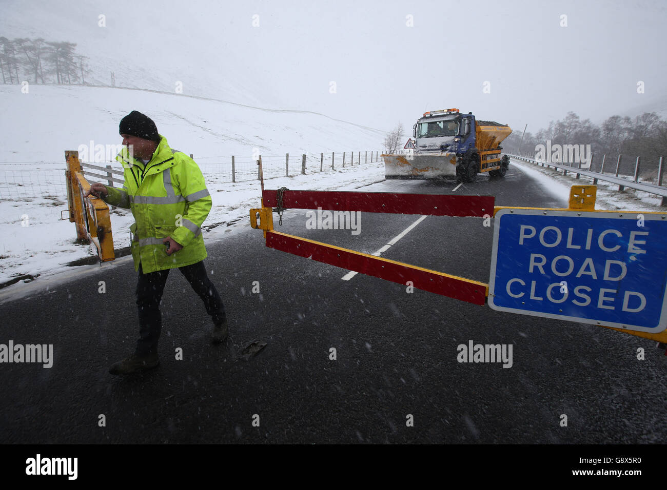 A gritter on the A93 as the snow gates on the A93 at Spittal of ...