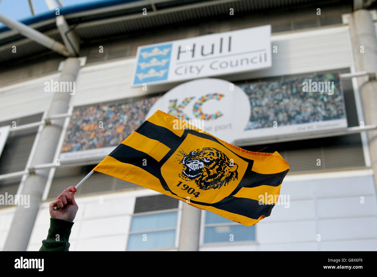 A Hull City flag outside the stadium before the Sky Bet Championship ...