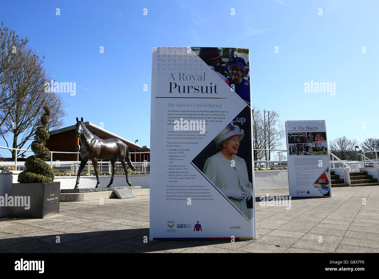 A statue of Generous a former Derby winner at Epsom Downs Racecourse ...