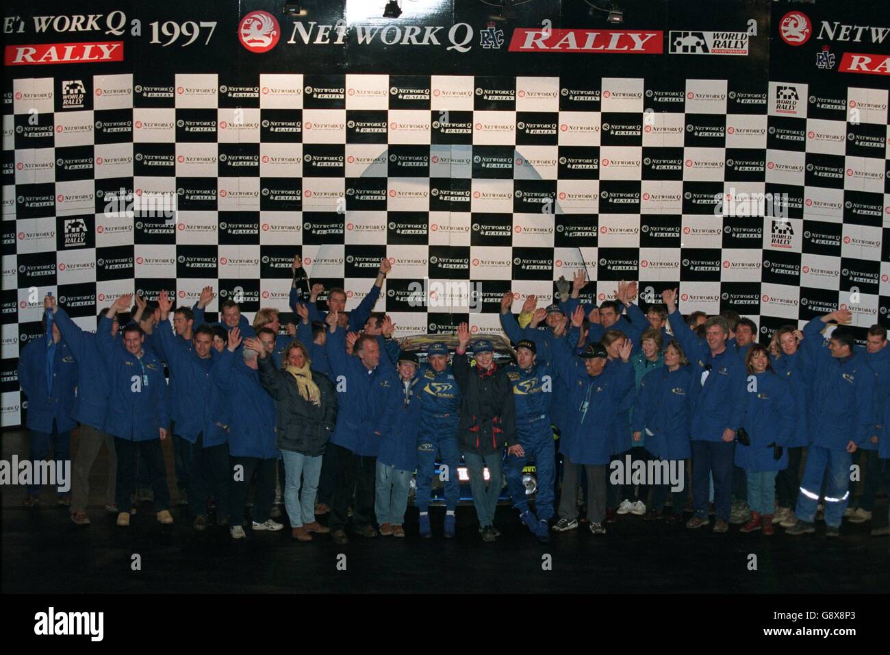 The 555 Subaru team celebrate Colin McRae's win in the RAC rally Stock ...