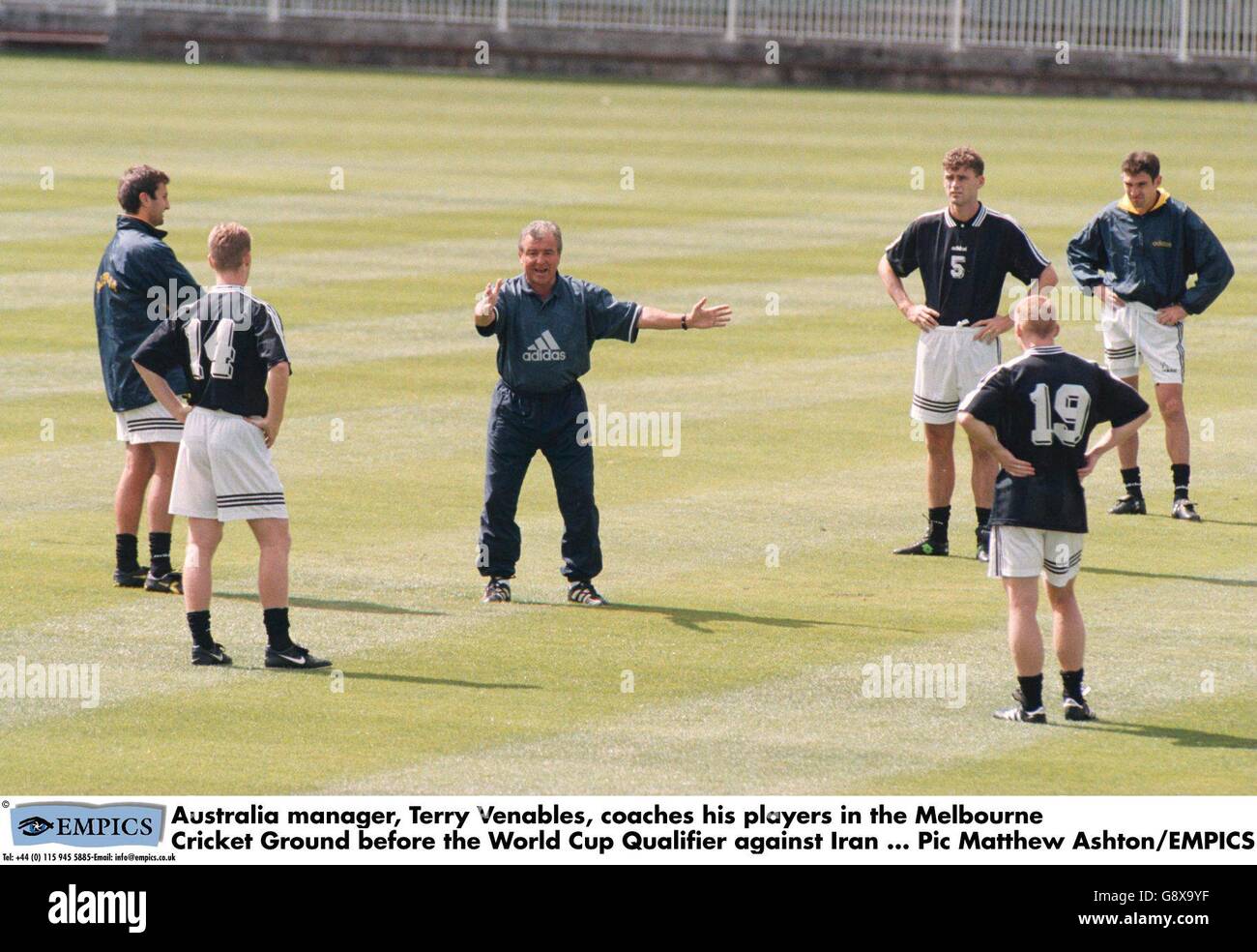 Australia manager, Terry Venables, coaches his players in the Melbourne ...