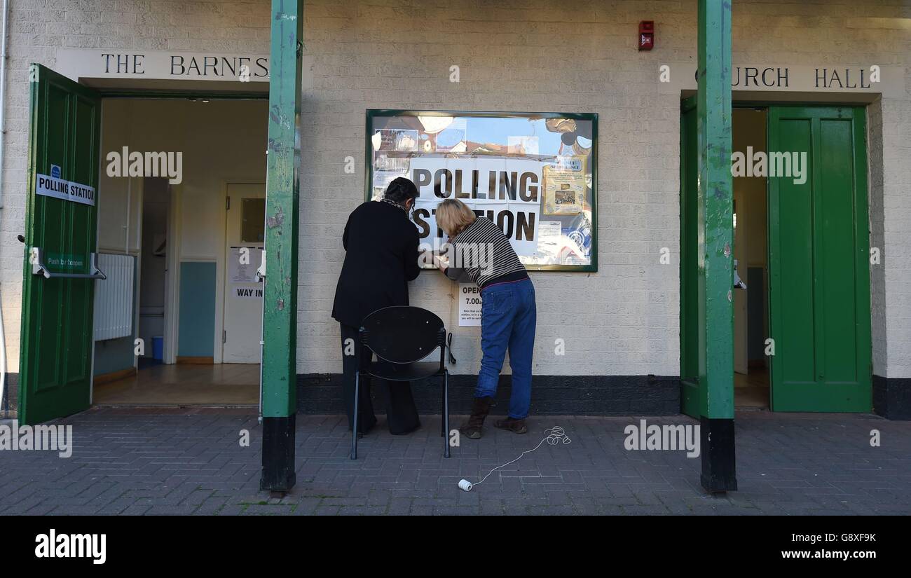 A polling station sign is put up outside Kitson Hall in Barnes, as ...