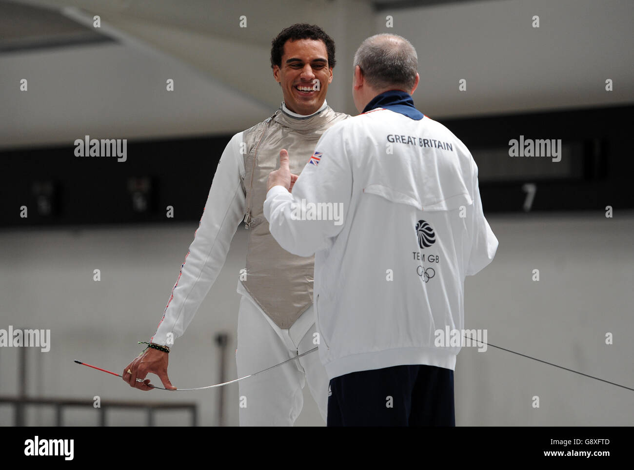Great Britain's James Davis (left) chats with British Fencing head ...
