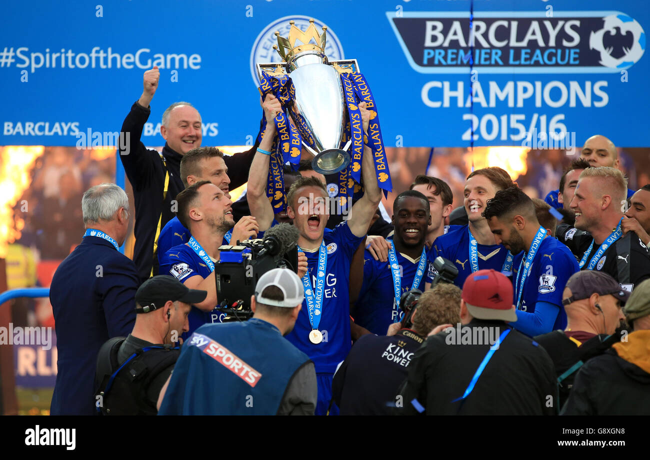 Leicester City's Jamie Vardy lifts the trophy as the team celebrate ...