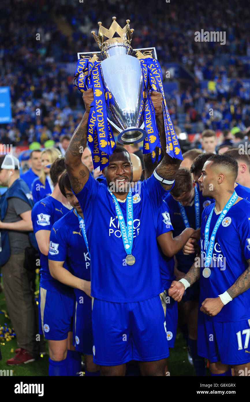 Leicester City's Wes Morgan lifts the trophy as the team celebrate ...
