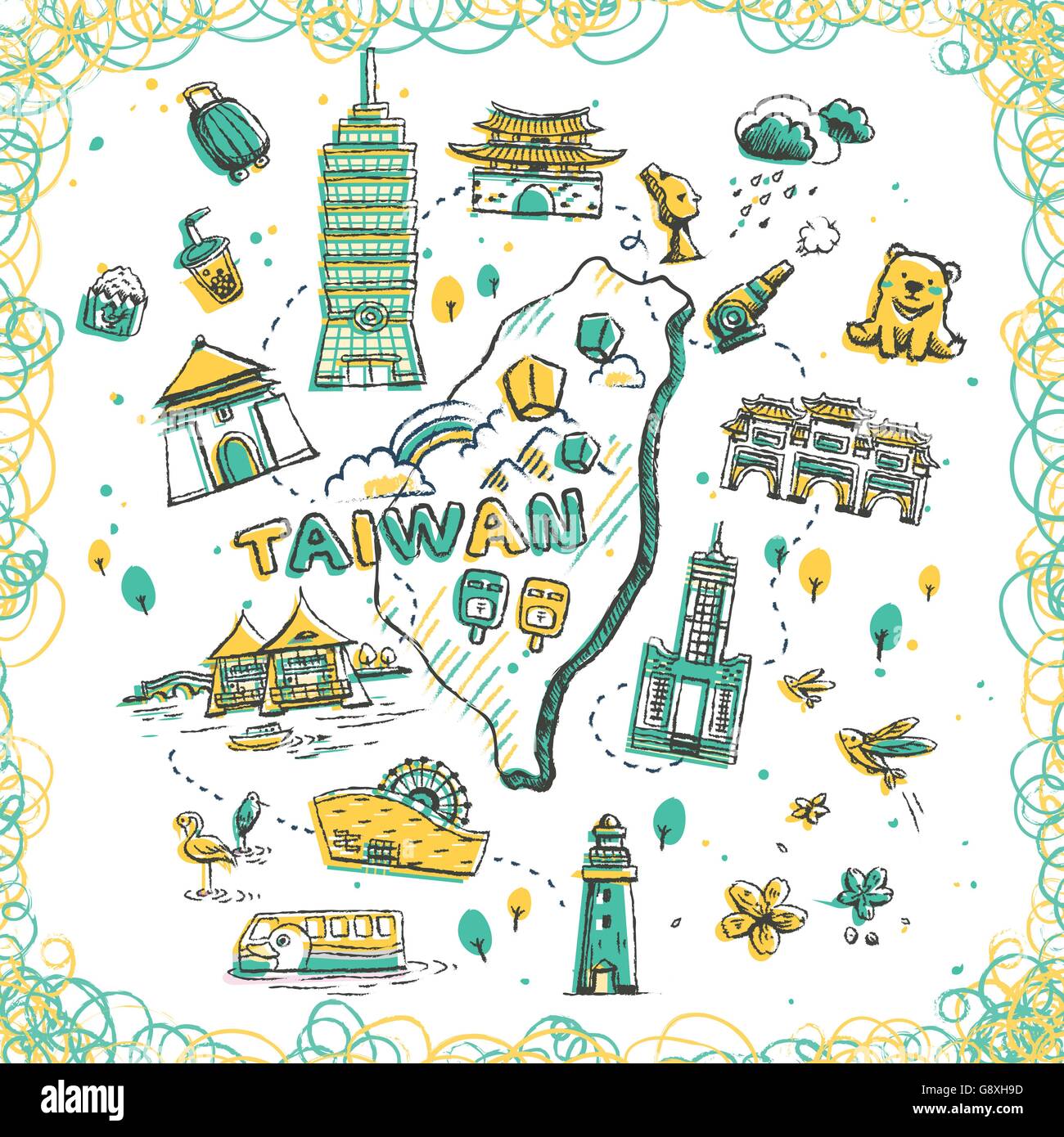 lovely Taiwan travel map with famous attractions in doodle style Stock ...