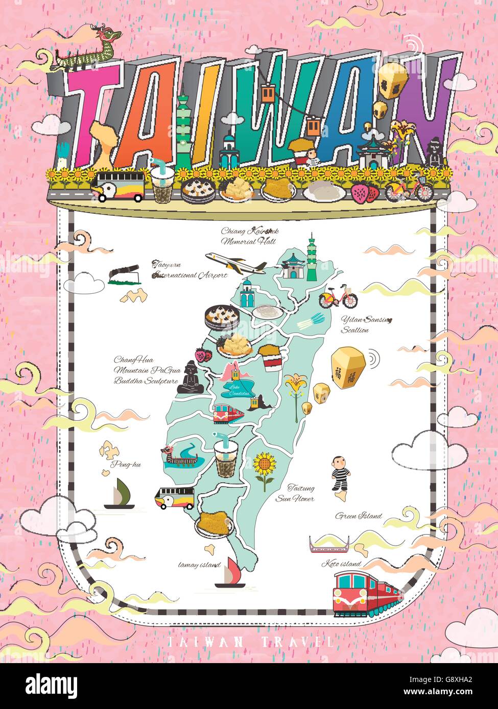 Taiwan travel map design with attractions and gourmets in vivid color ...