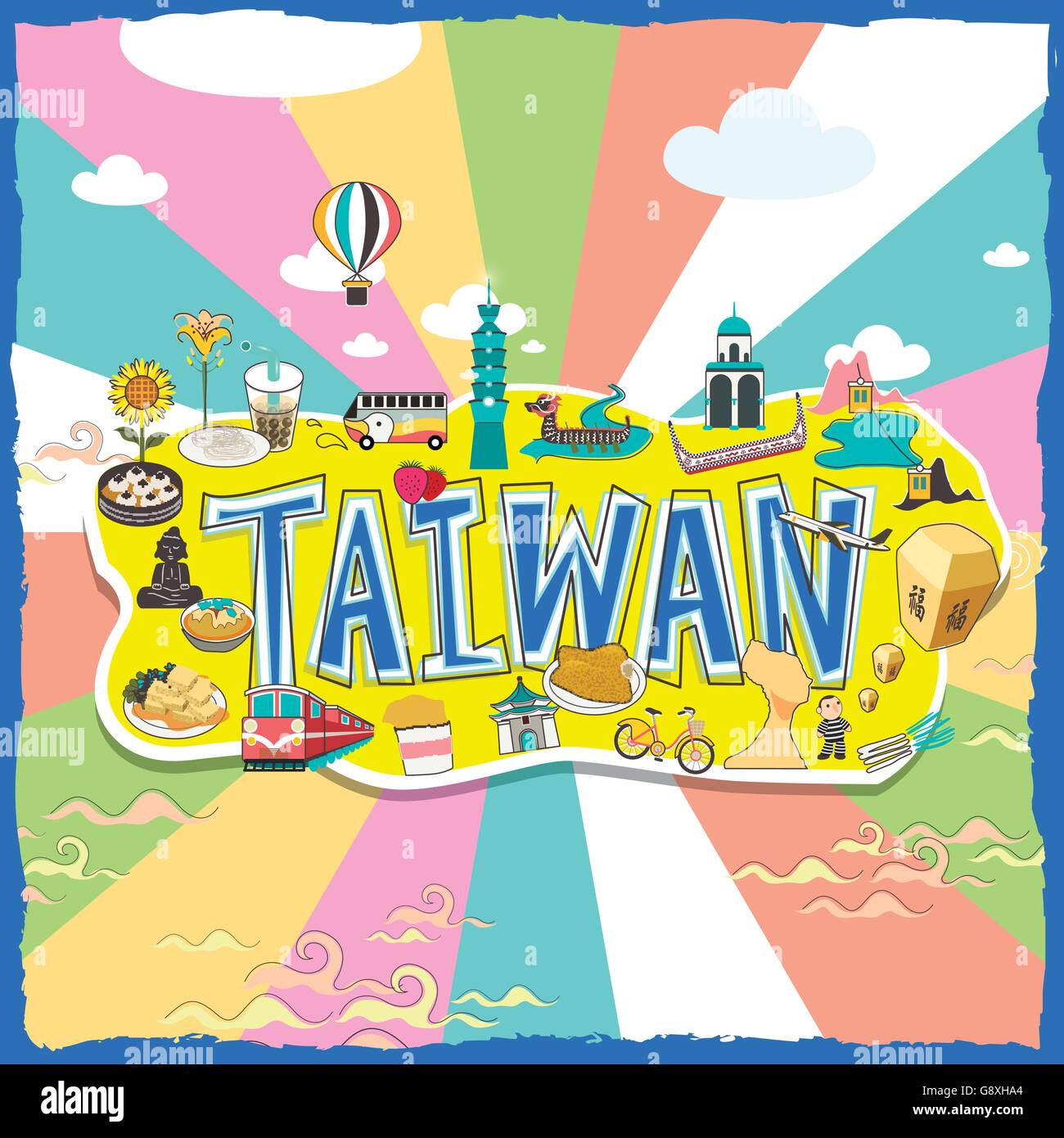 Taiwan travel poster design with attractions and gourmets in vivid ...