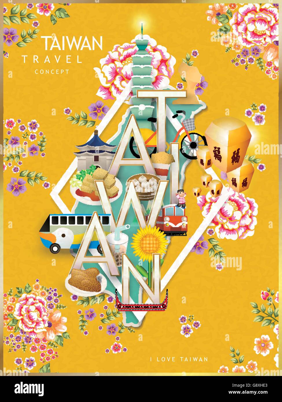 Taiwan travel concept design with attractions and hakka floral ...