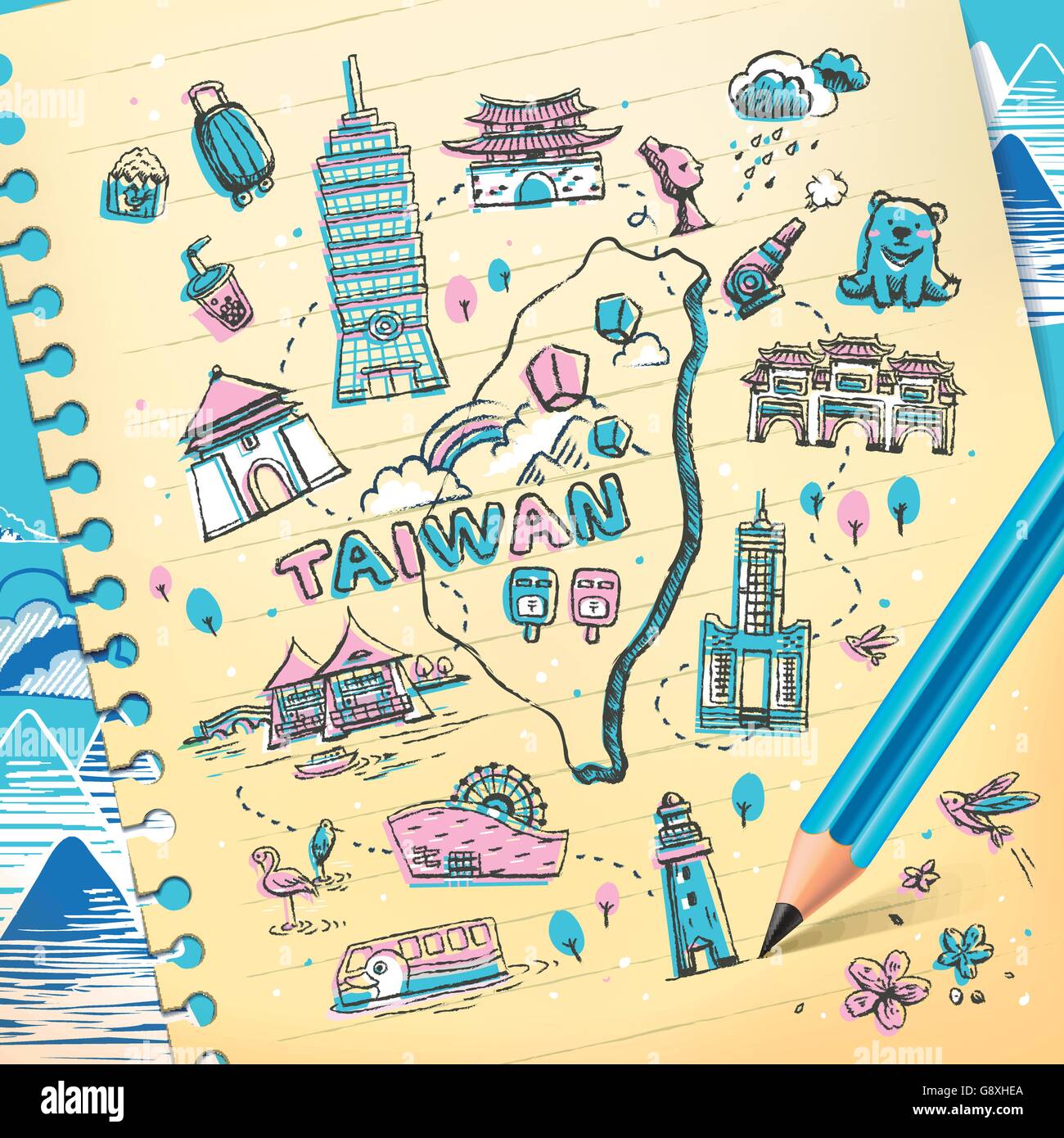 Taiwan travel map drawn on notepaper in pink and blue Stock Vector ...