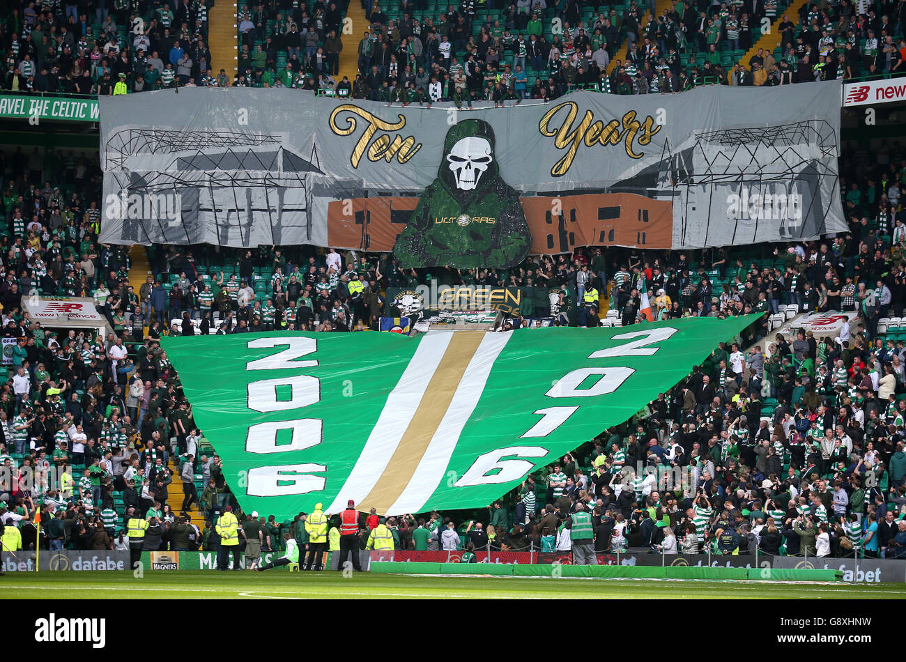 Celtic fans display banners in the stands before the Ladbrokes Scottish ...