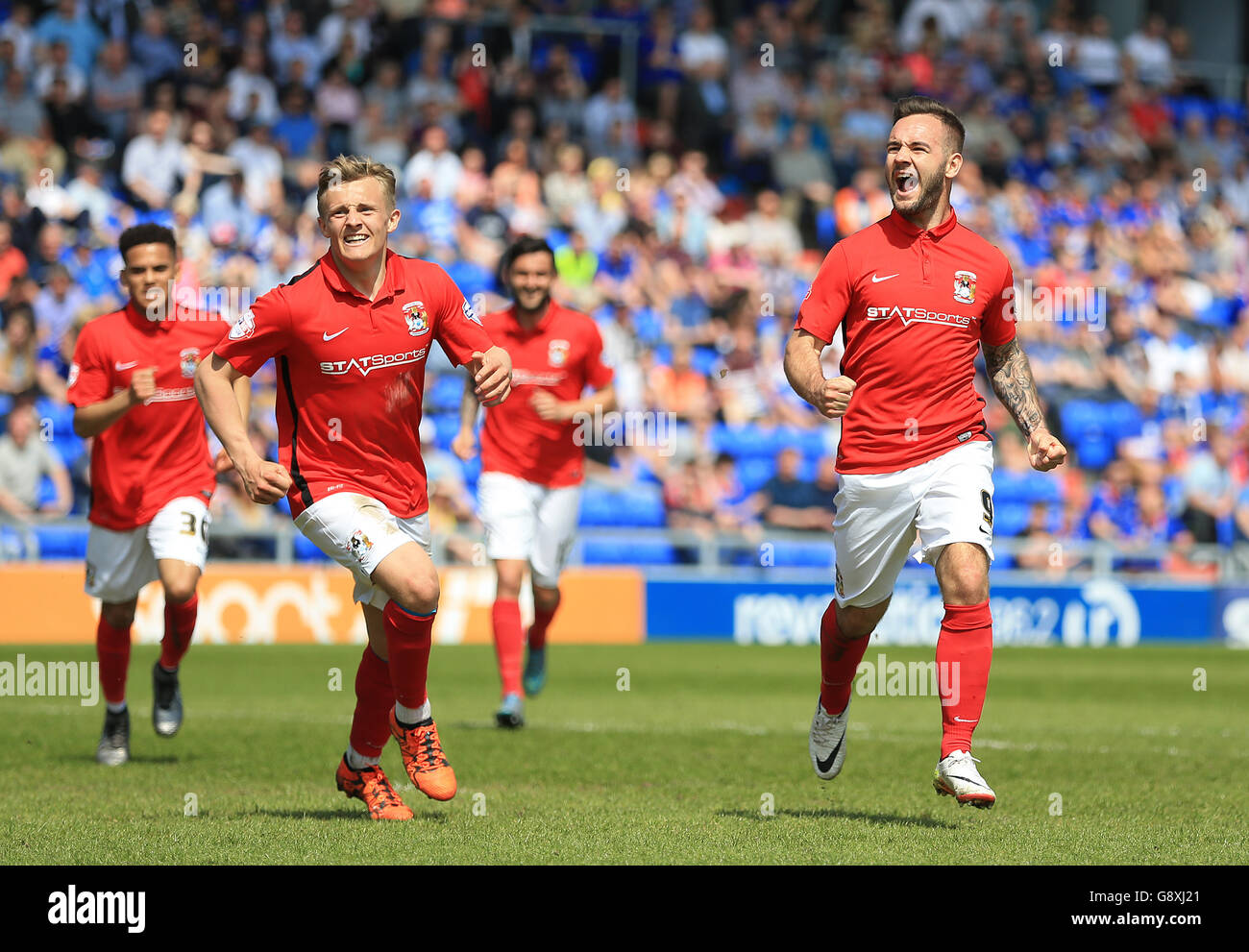 Coventry City's Adam Armstrong (Right) celebrates after he scores his ...