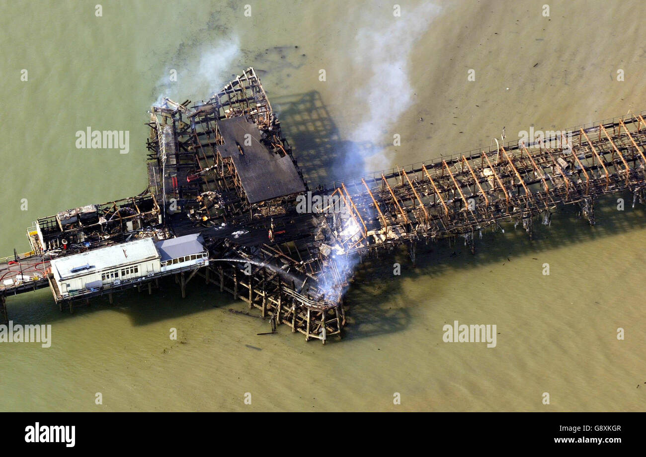 Southend pier smoulders following a fire Monday October 10, 2005. The ...