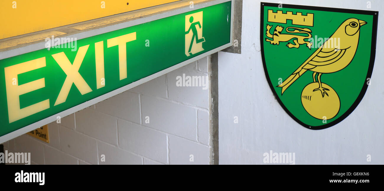 A general view of signage inside Carrow Road before the GAME between ...