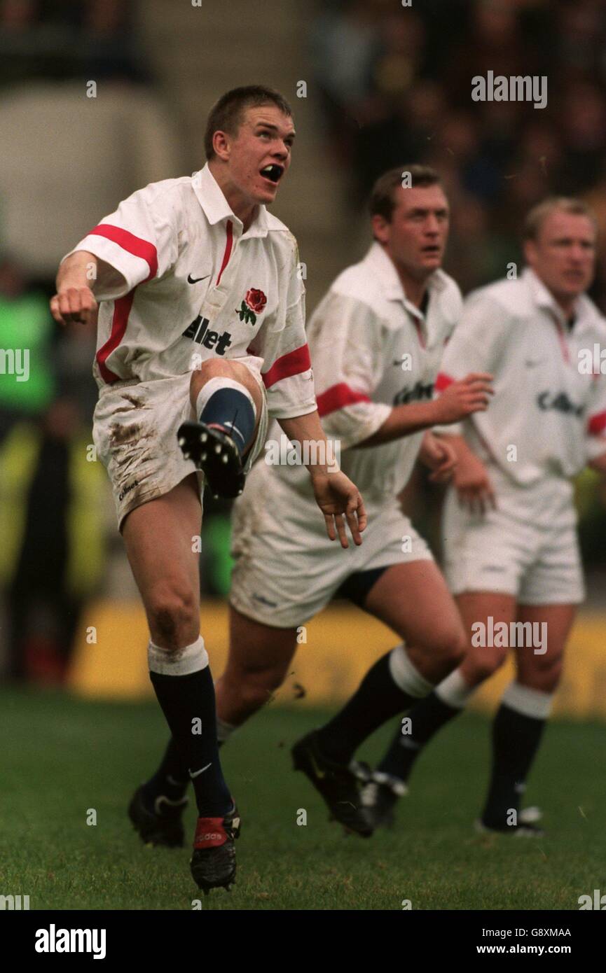 Rugby Union - England v South Africa. Matt Perry of England hoists a ...
