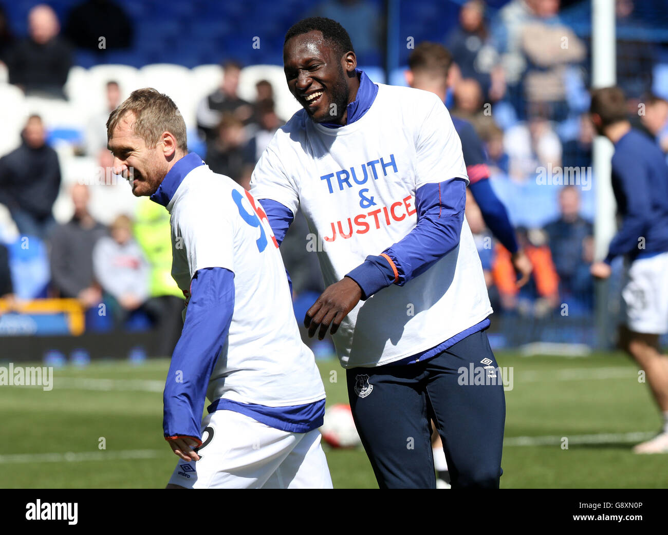 Everton's Romelu Lukaku (right) and Tony Hibbert (left) wearing special ...