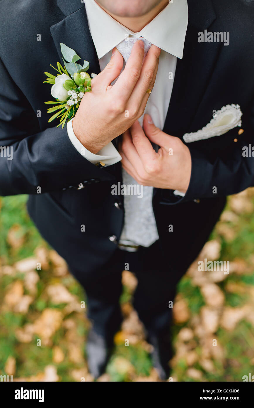 Groom is holding hands on the tie, wedding suit Stock Photo - Alamy
