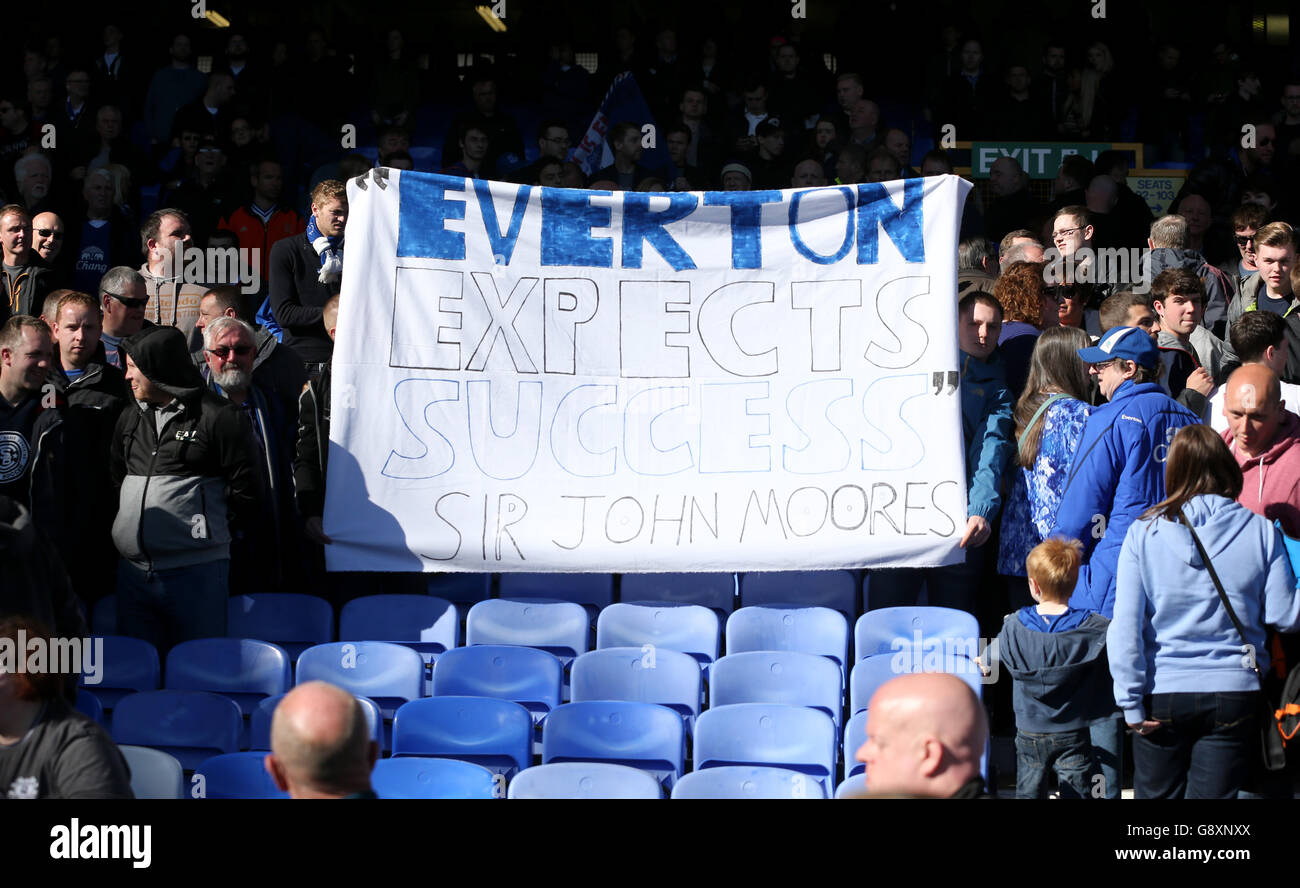 Everton fans hold protest signs in the stands despite victory after the ...