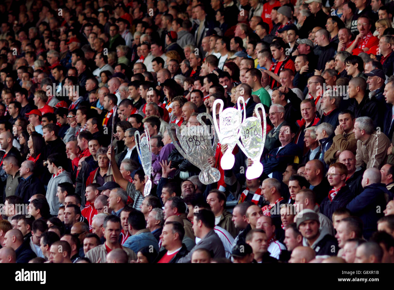 Liverpool fans with hold card board cut outs of the 5 European Cup they ...