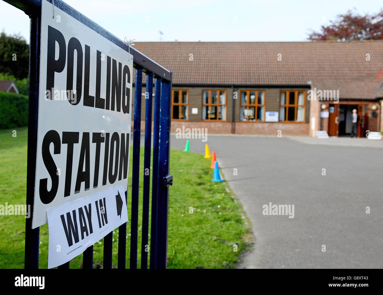General view of different coloured traffic cones outside a polling ...
