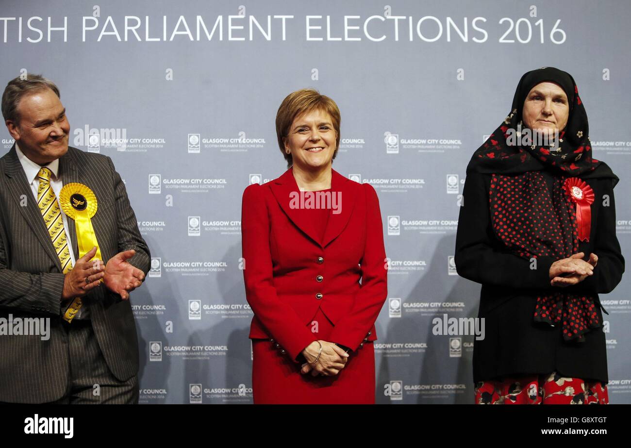 SNP leader Nicola Sturgeon celebrates after retaining her seat at a ...