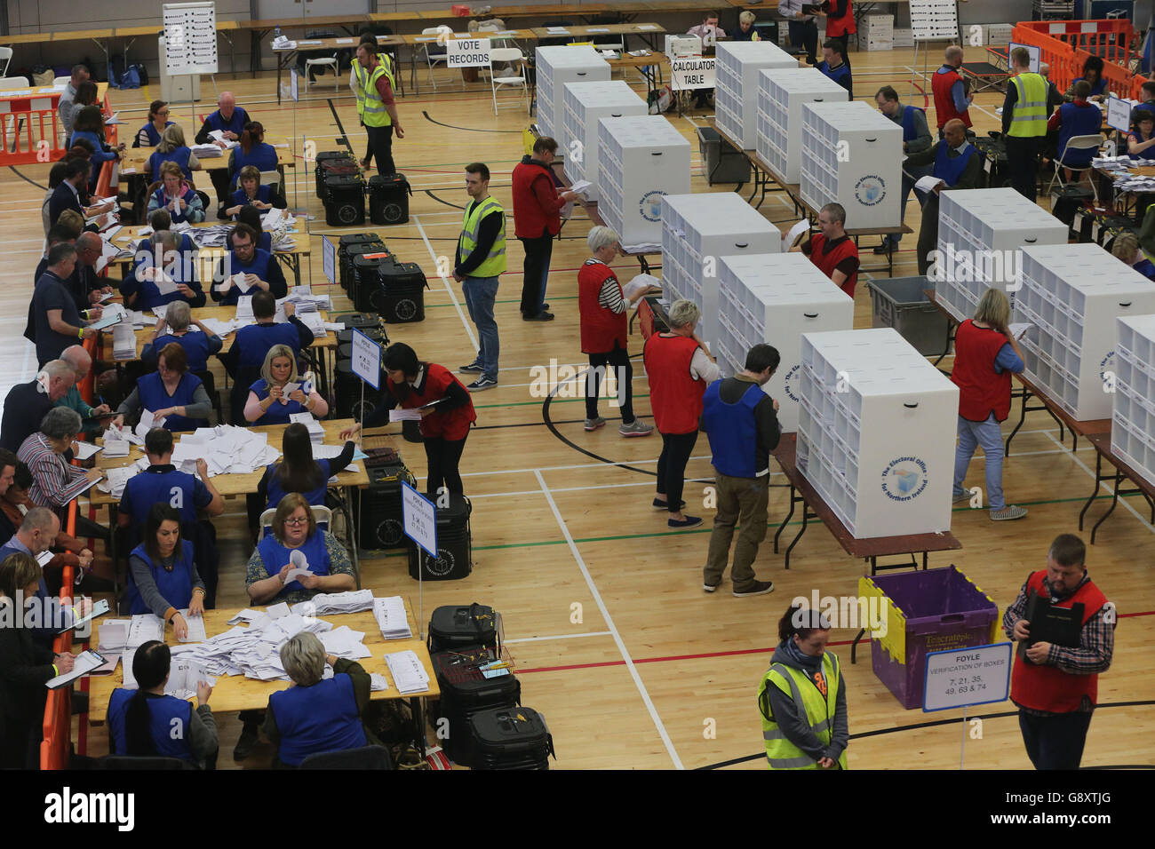 Counting of votes continues at the Foyle Arena in Londonderry in the ...