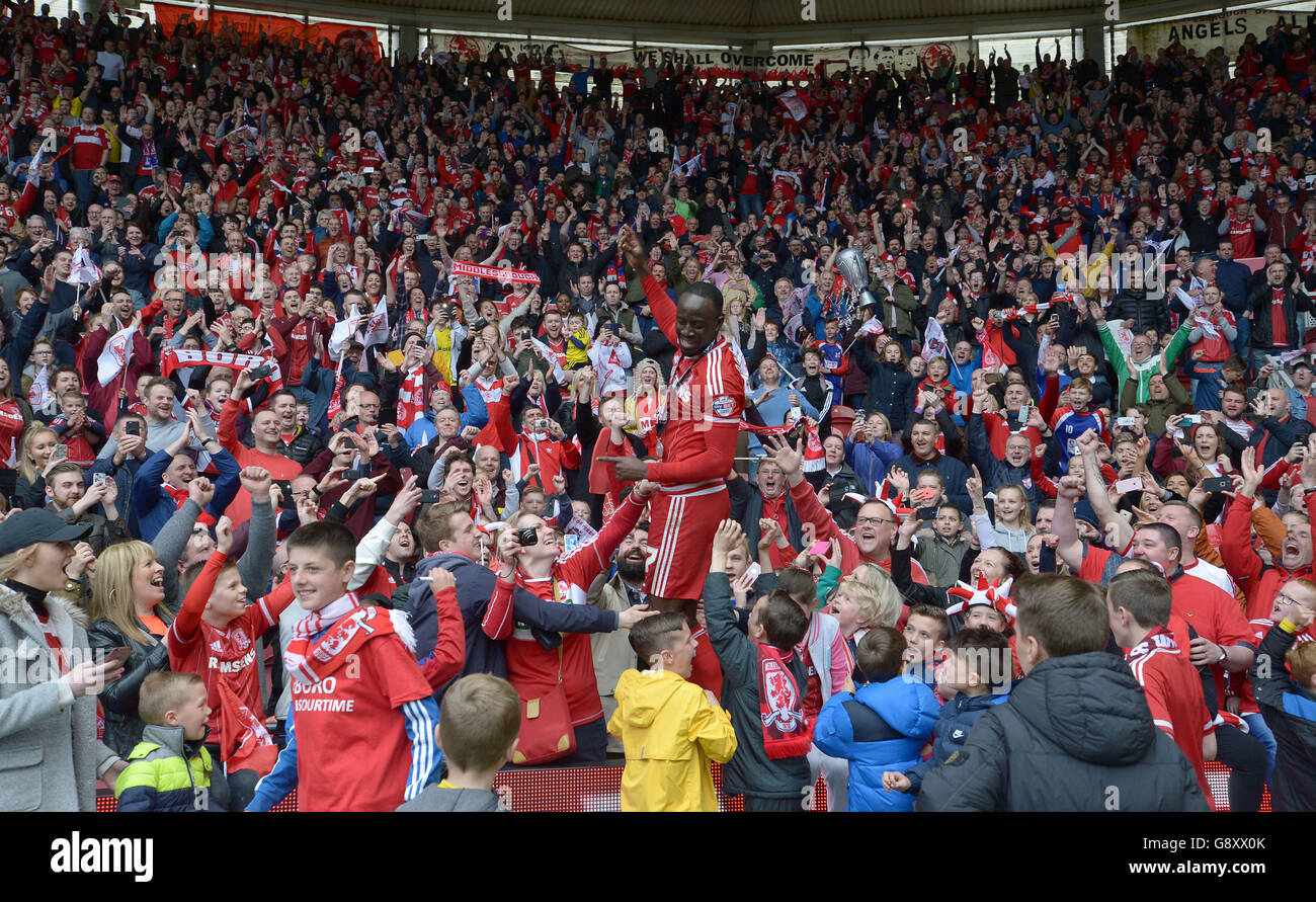 Middlesbrough's Albert Adomah celebrates their promotion to the Premier ...