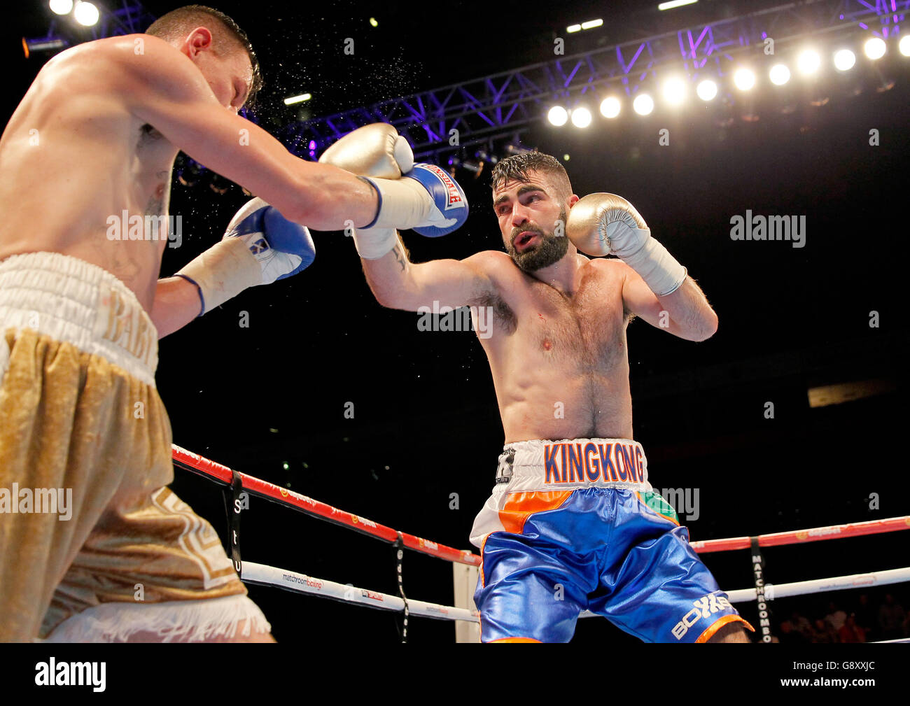 Jono Carroll (right) and Jordan Ellinson during the Super-Featherweight ...