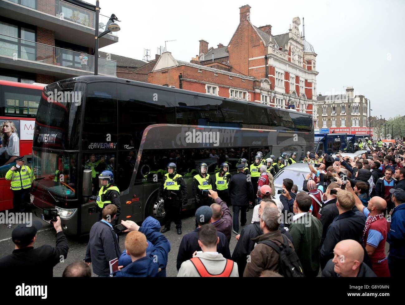 The Manchester United team coach makes its way to Upton Park before the ...