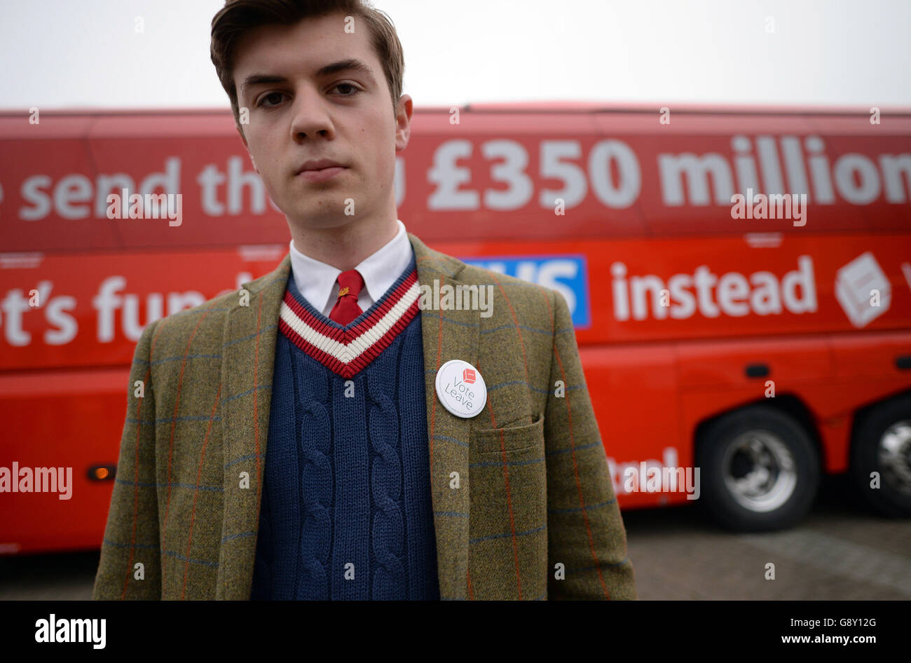 Vote Leave campaigner Edward Laslett stands in front of the Vote Leave ...