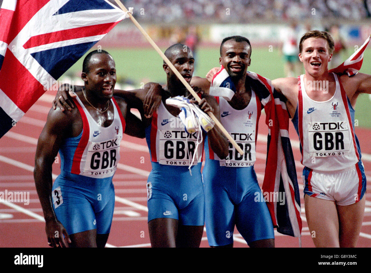 (L-R) The Great Britain Gold medal team John Regis, Derek Redmond, Kris ...