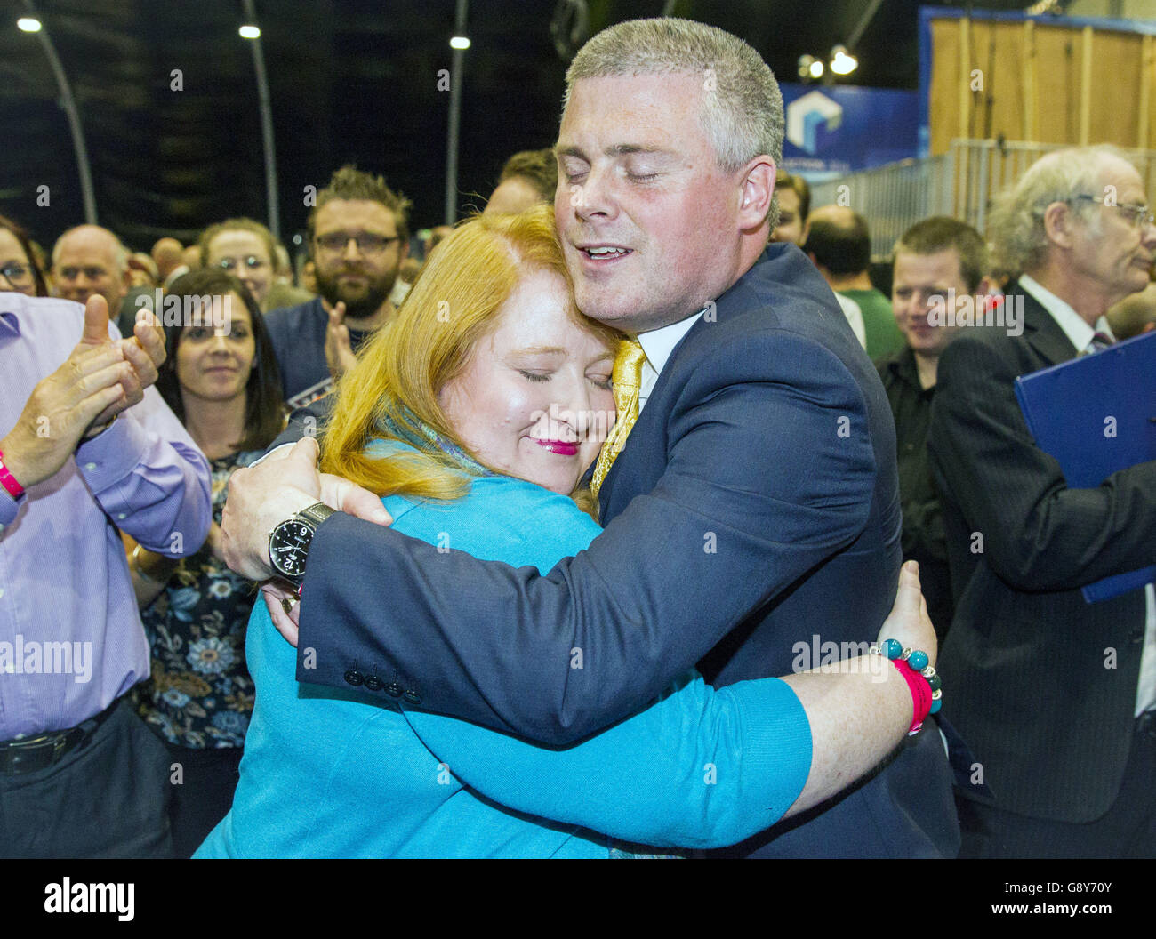 Naomi Long of the Alliance Party is congratulated by her husband ...