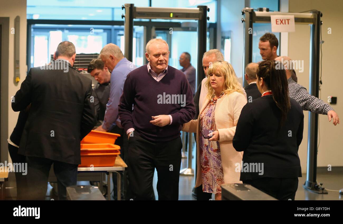 Sinn Fein candidate Martin McGuinness (centre) arrives at the Foyle ...