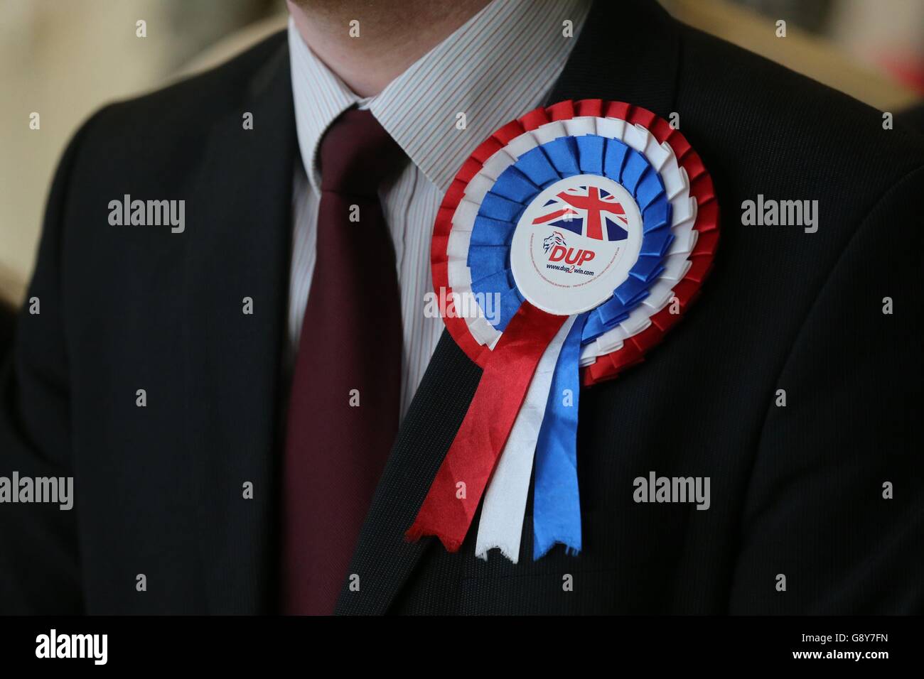 A party activists wears a DUP rosette at the Foyle Arena in Londonderry ...
