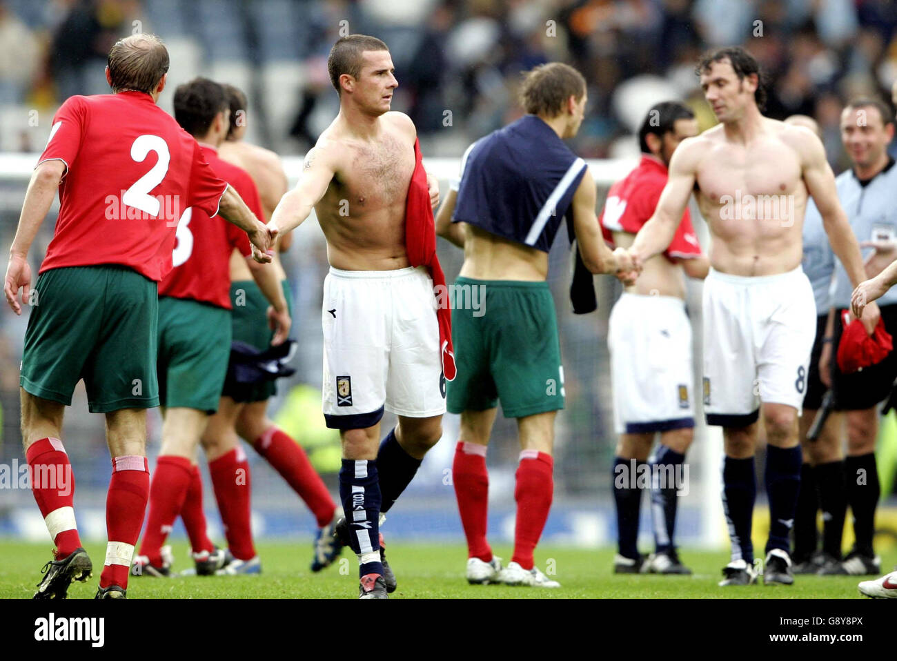 Scotland's Barry Ferguson shakes hands with Belarus players after the ...