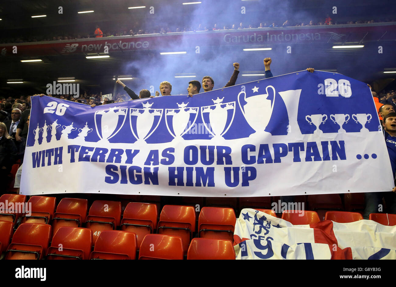 Chelsea fans hold up a banner in the stands in support of John Terry ...