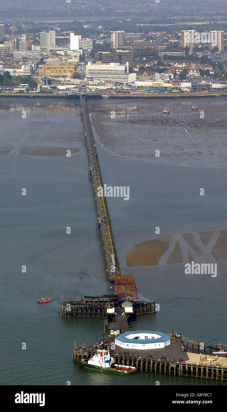 Southend pier smoulders following a fire Monday October 10, 2005. The ...