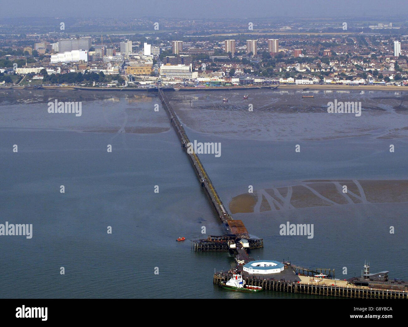 Southend pier smoulders following a fire Monday October 10, 2005. The ...